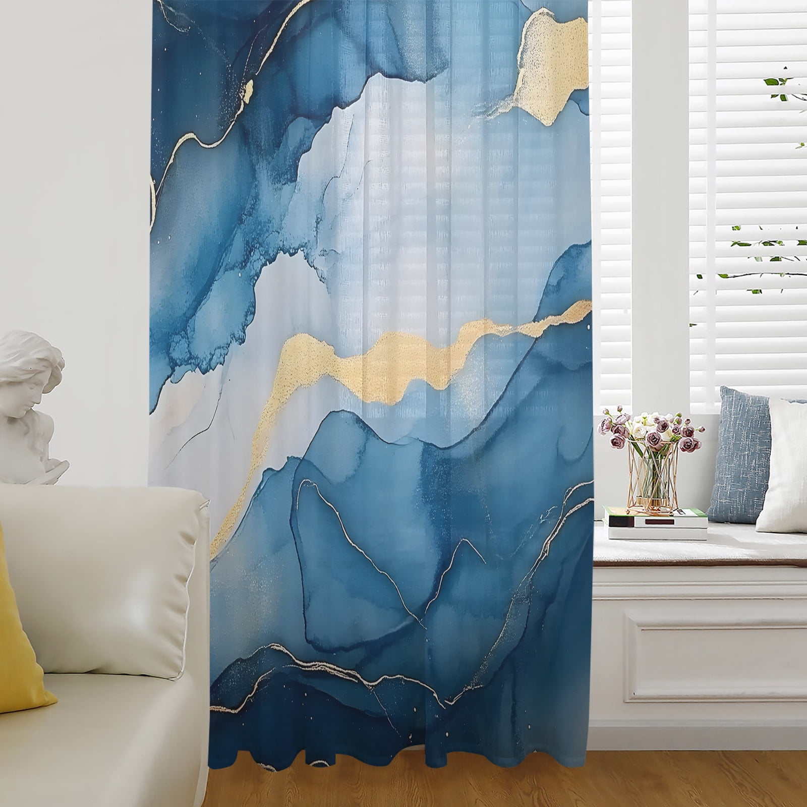 Blue Marble Sheer Curtains 63 Inch Length, Light Filtering Voile ...