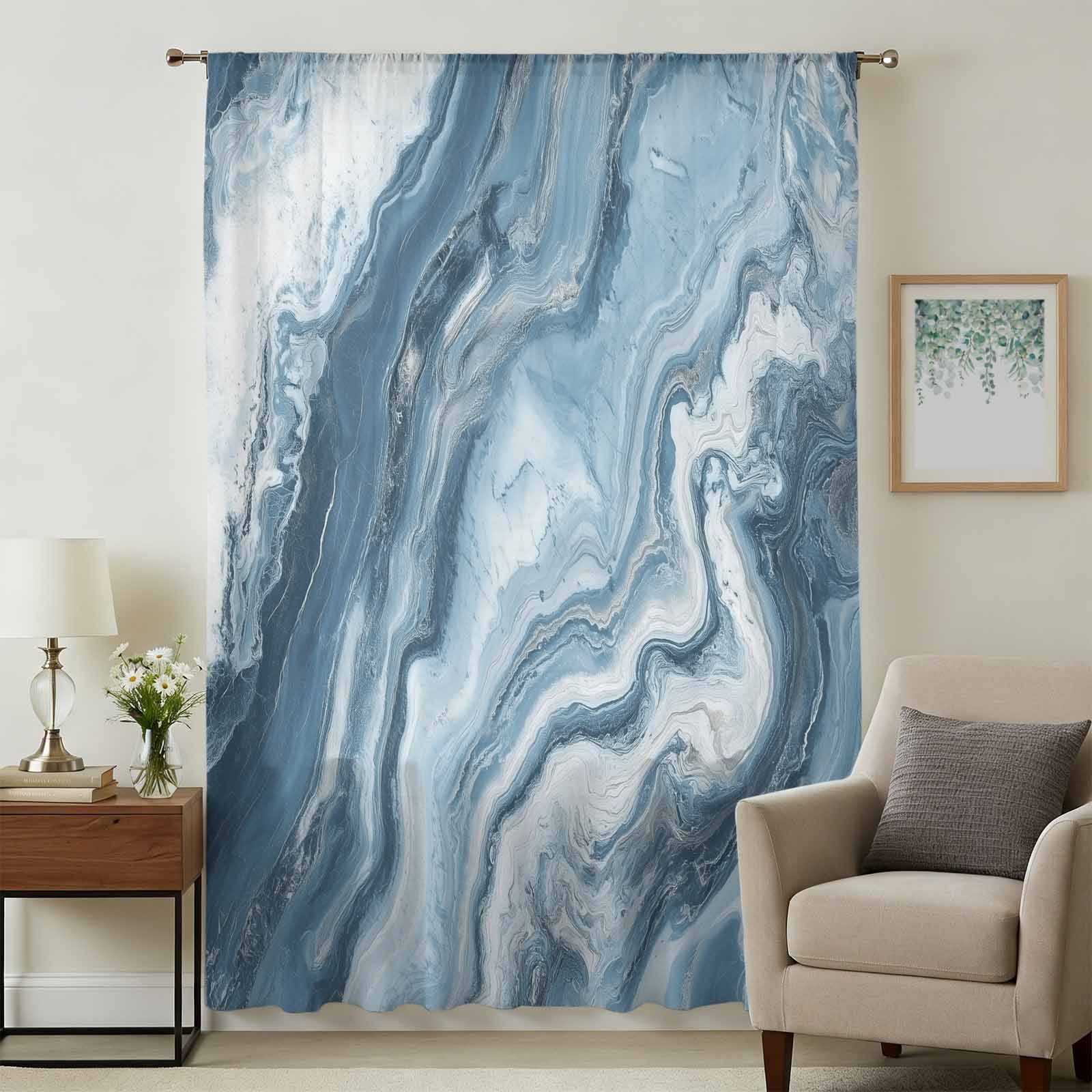 Blue Marble Sheer Curtains 63 Inches Long, Abstract Ink Painting Art ...