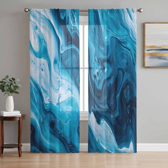 Blue Marble Sheer Curtains 72 Inch Length 2 Panels Set, Abstract ...