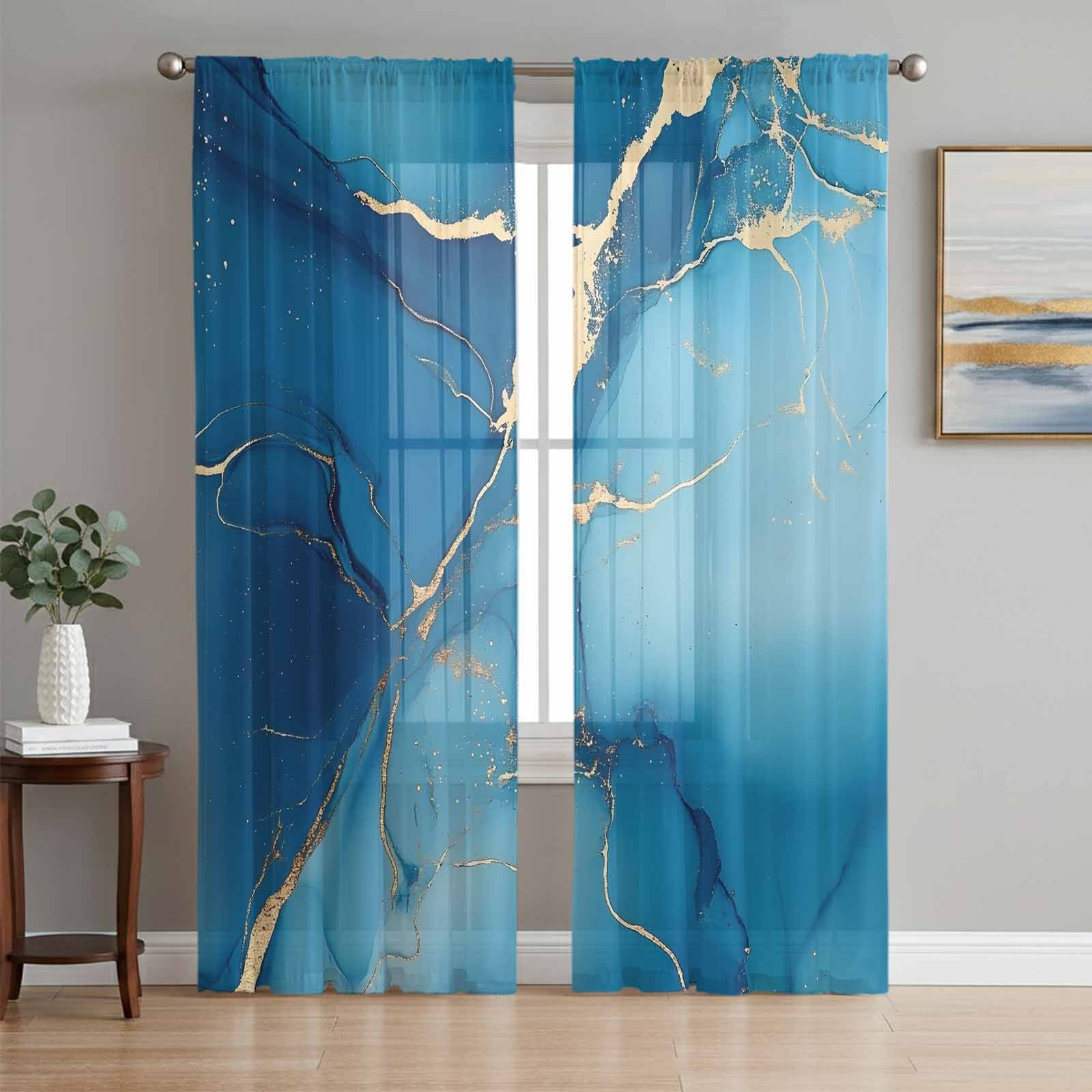 Blue Marble Sheer Curtains 72 Inch Length 2 Panels Set, Abstract Yellow ...
