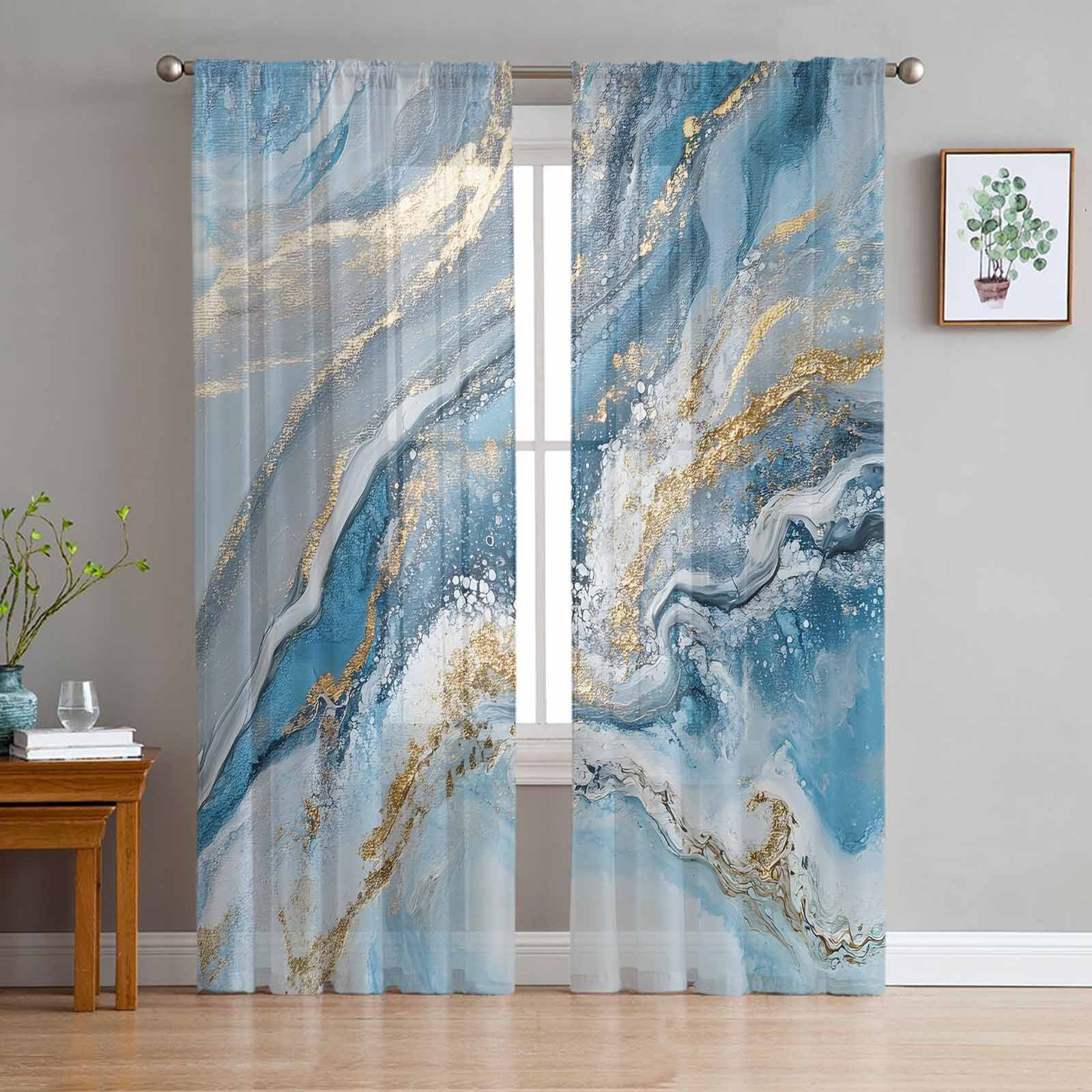Blue Marble Sheer Curtains 72 Inch Length 2 Panels Set for Living Room ...