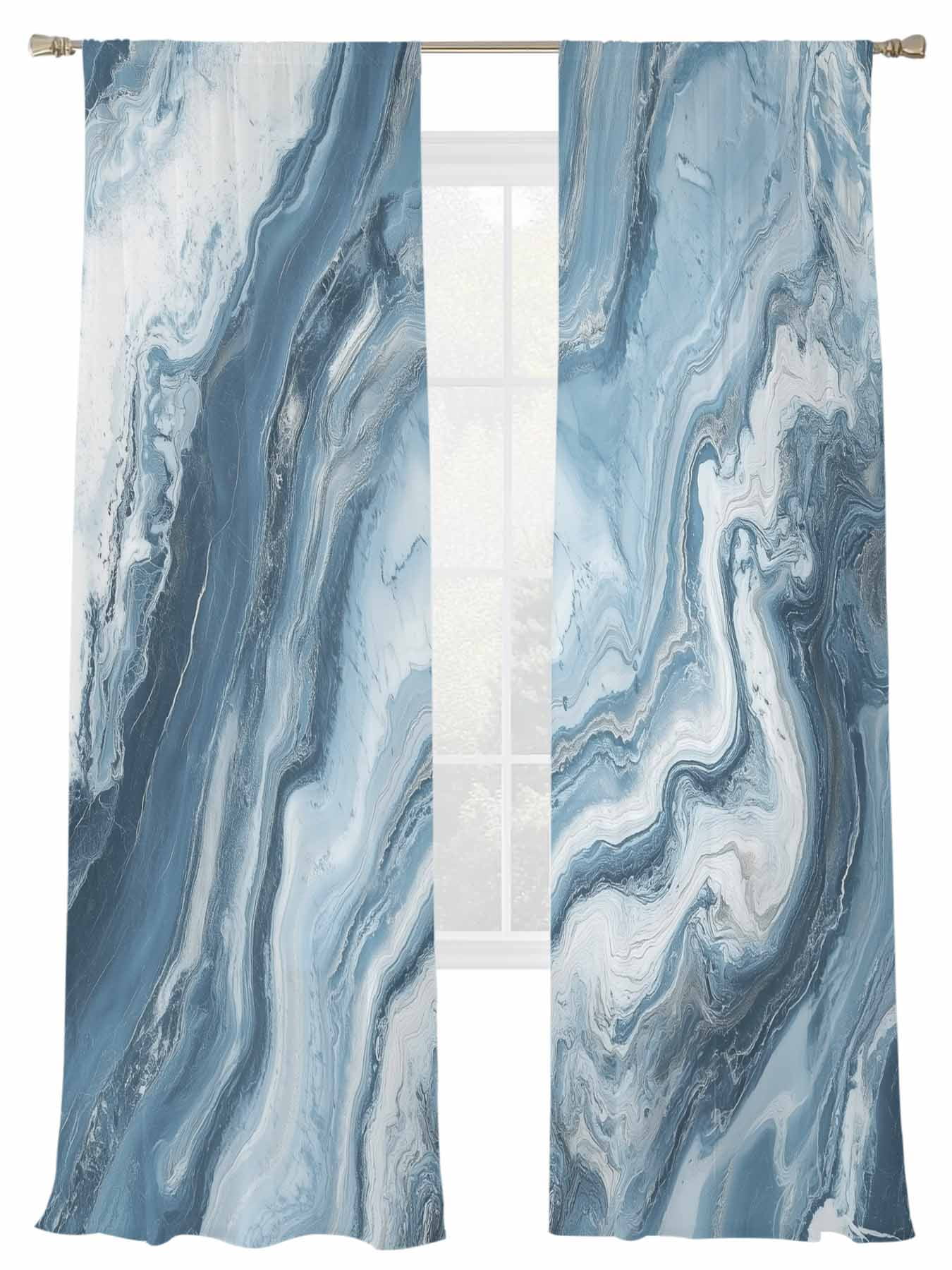 Blue Marble Sheer Curtains 84 Inch Length 2 Panels Set, Semi ...