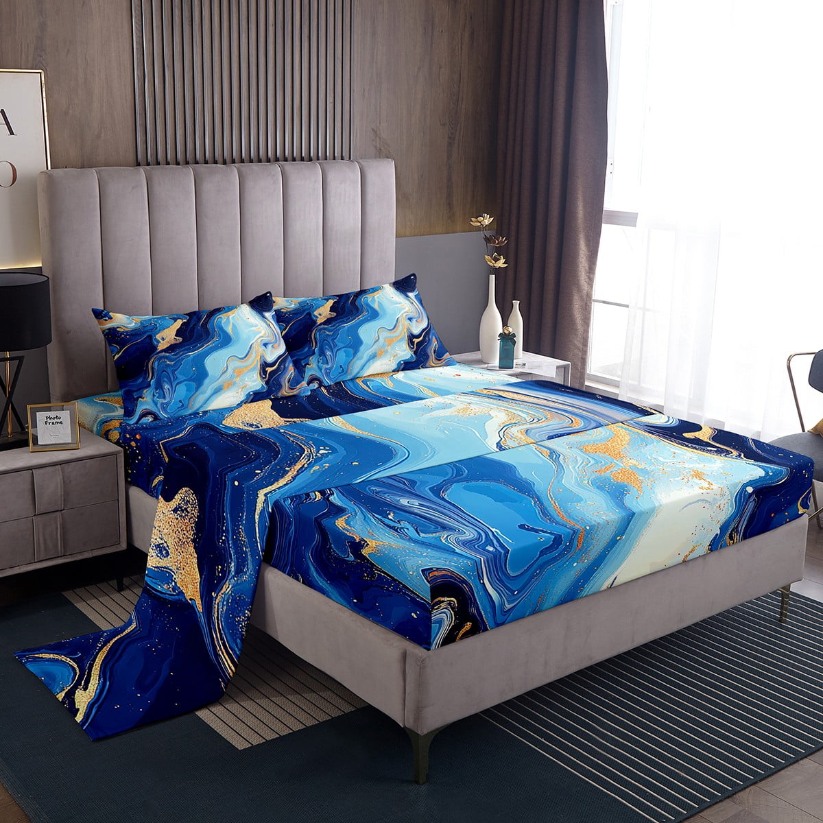 Blue Marble Sheet Set Stone Pattern Bed Sheets Set Watercolour Artwork ...