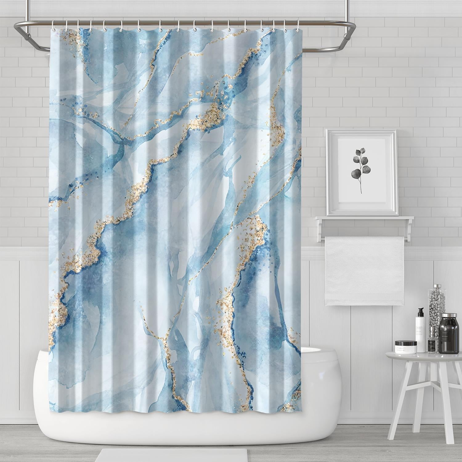 FTRUNCH Blue Marble Shower Curtain, Gold Texture Decorative Polyester ...