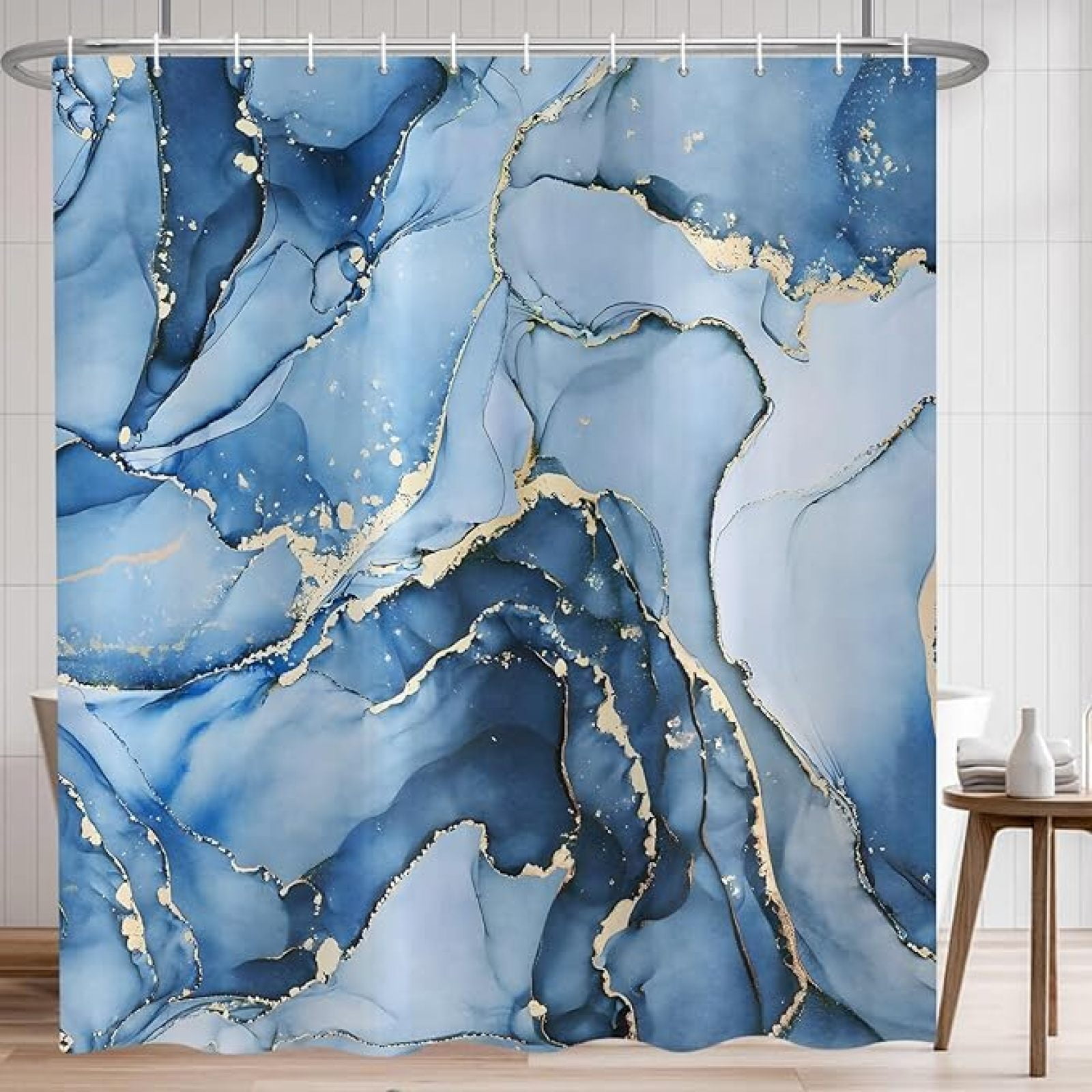 Blue Marble Shower Curtain, Modern Abstract Luxury Blue Gold Ink ...