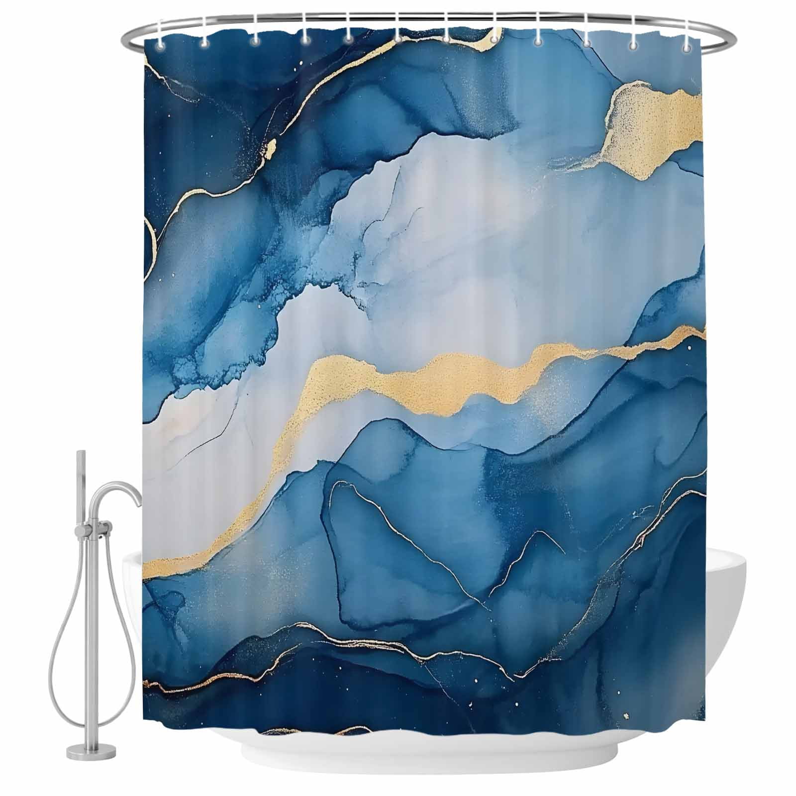 Blue Marble Shower Curtain Set with Hooks, Gradient Golden Texture ...