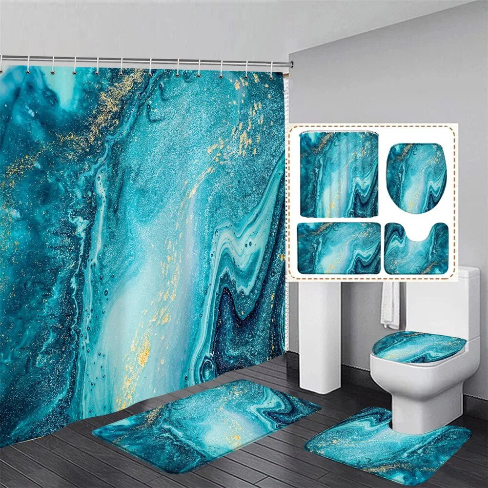Blue Marble Shower Curtain Set Ocean Ripple Gold Powder Art Modern Home