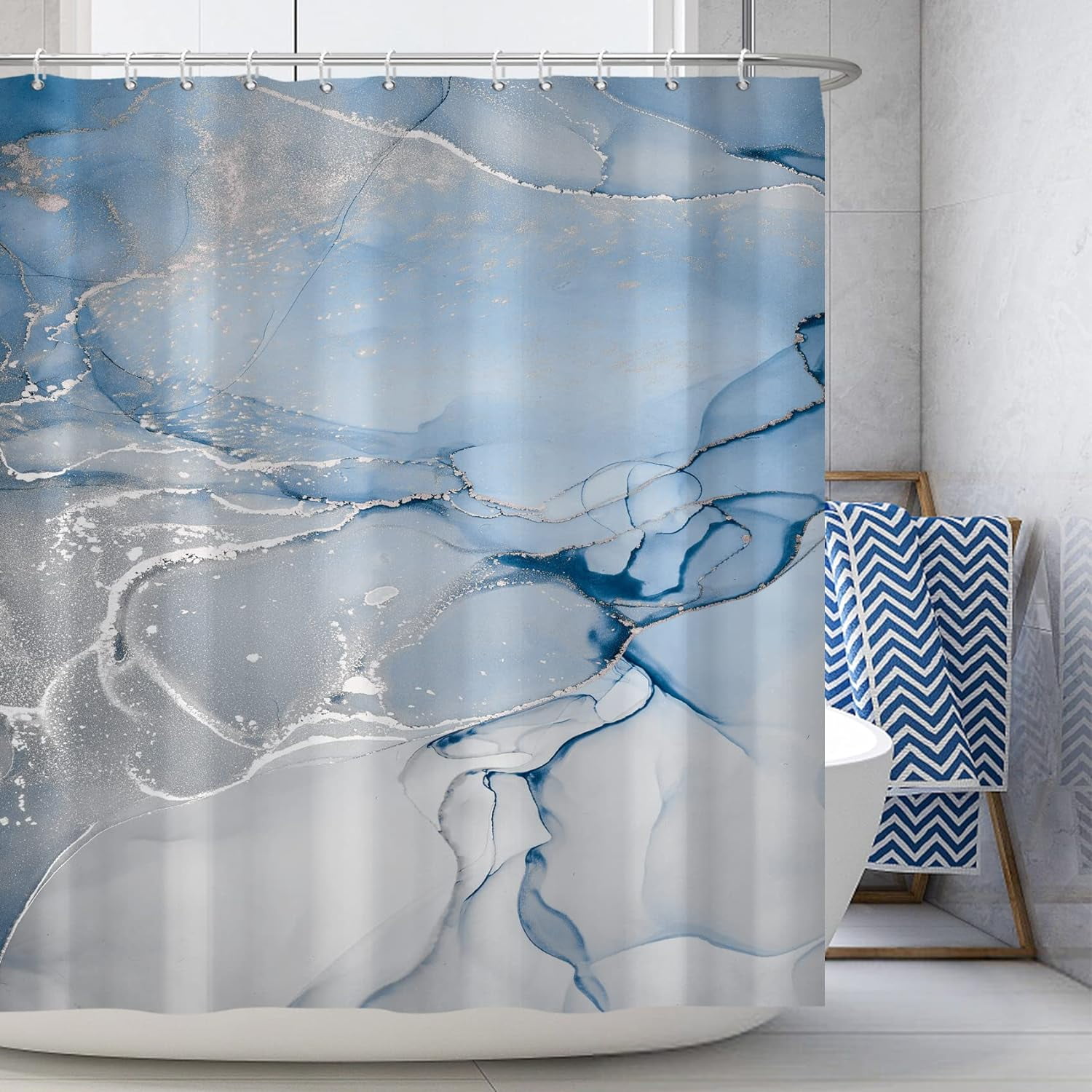 Blue Marble Shower Curtain for Bathroom Modern Blue White Marble Ink ...