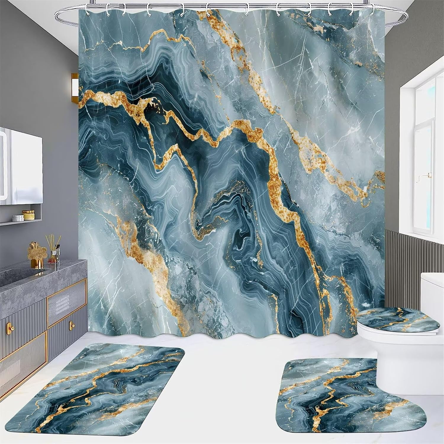 Blue Marble Shower Curtain set with Bath Rugs Waterproof Abstract ...