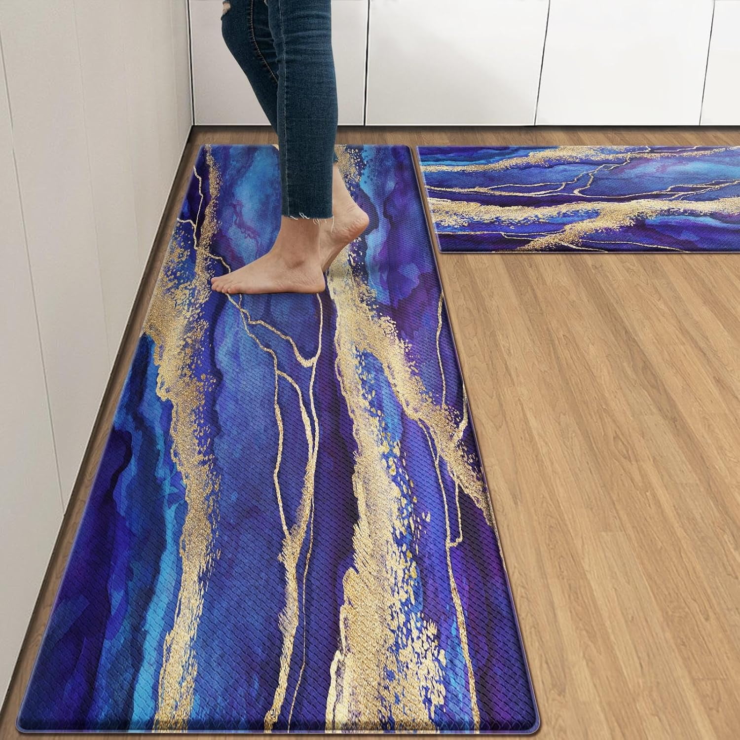 Blue Marble Stone Anti-Fatigue Kitchen Rug Set of 2 Glitter Gold Retro ...