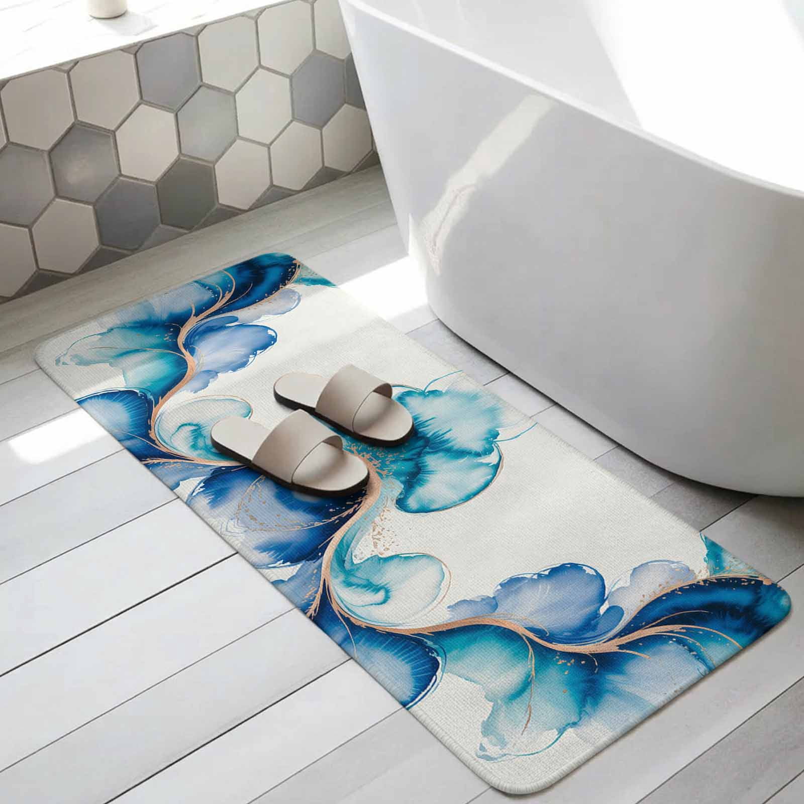 Blue Marble Stone Bathroom Runner Rugs Non Slip Washable Absorbent ...
