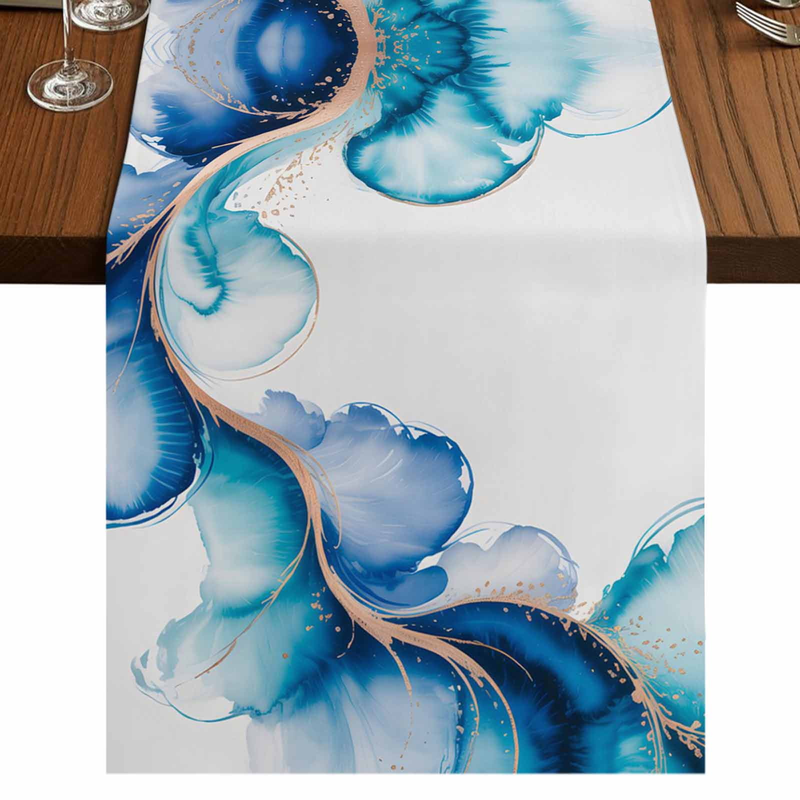 Blue Marble Stone Burlap Cotton Table Runner 13x48 Inches Long, Ink ...