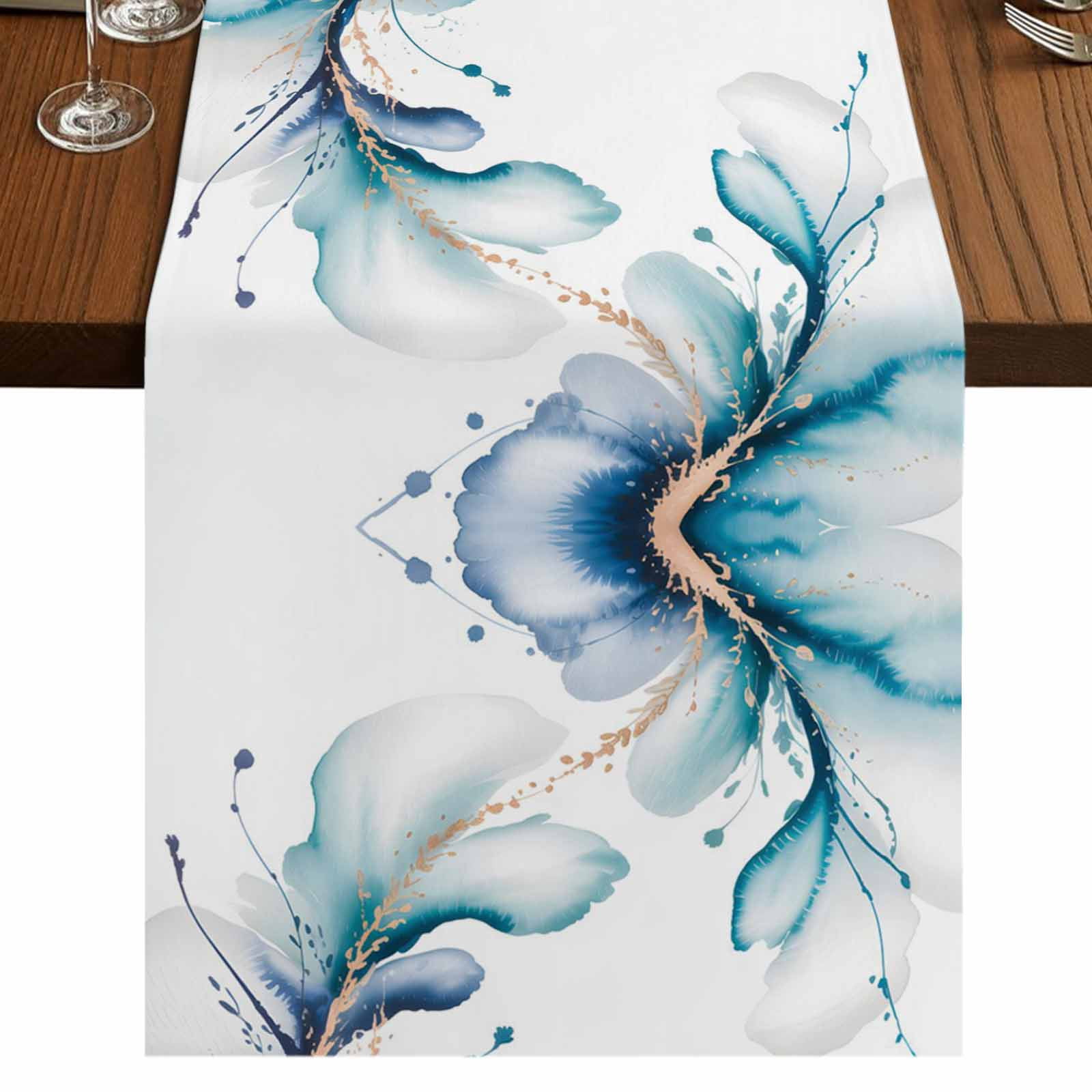 Blue Marble Stone Burlap Cotton Table Runner 13x60 Inches Long, White ...