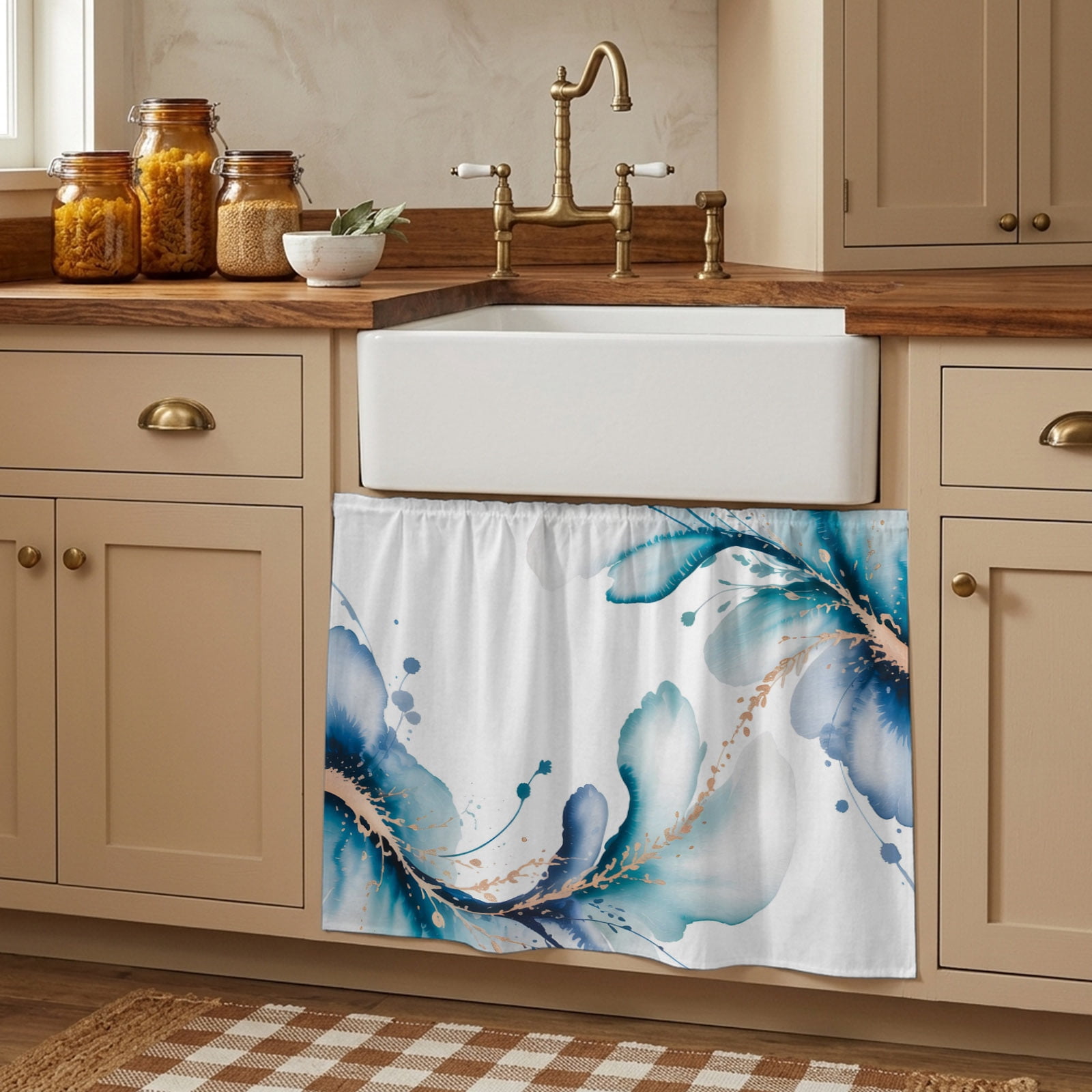 Blue Marble Stone Small Cabinet Curtains 10"W x 11"L, White Ink Splash ...