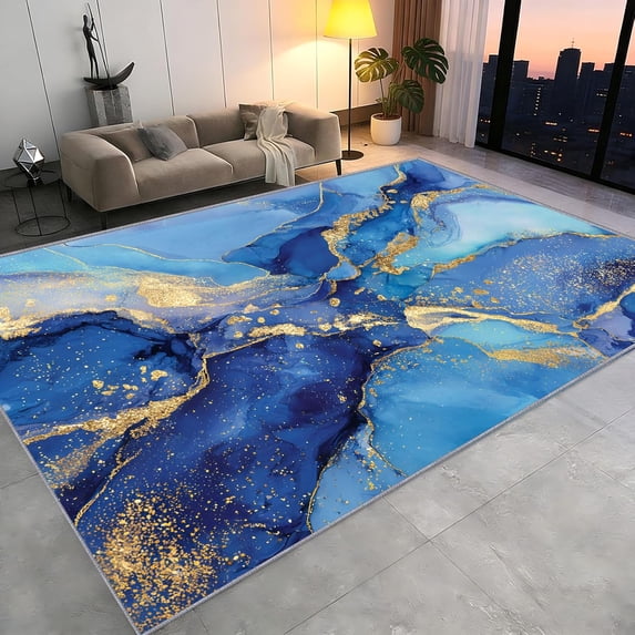 Blue Marble Striped Area Rug, Modern Abstract Texture Pattern Carpet ...