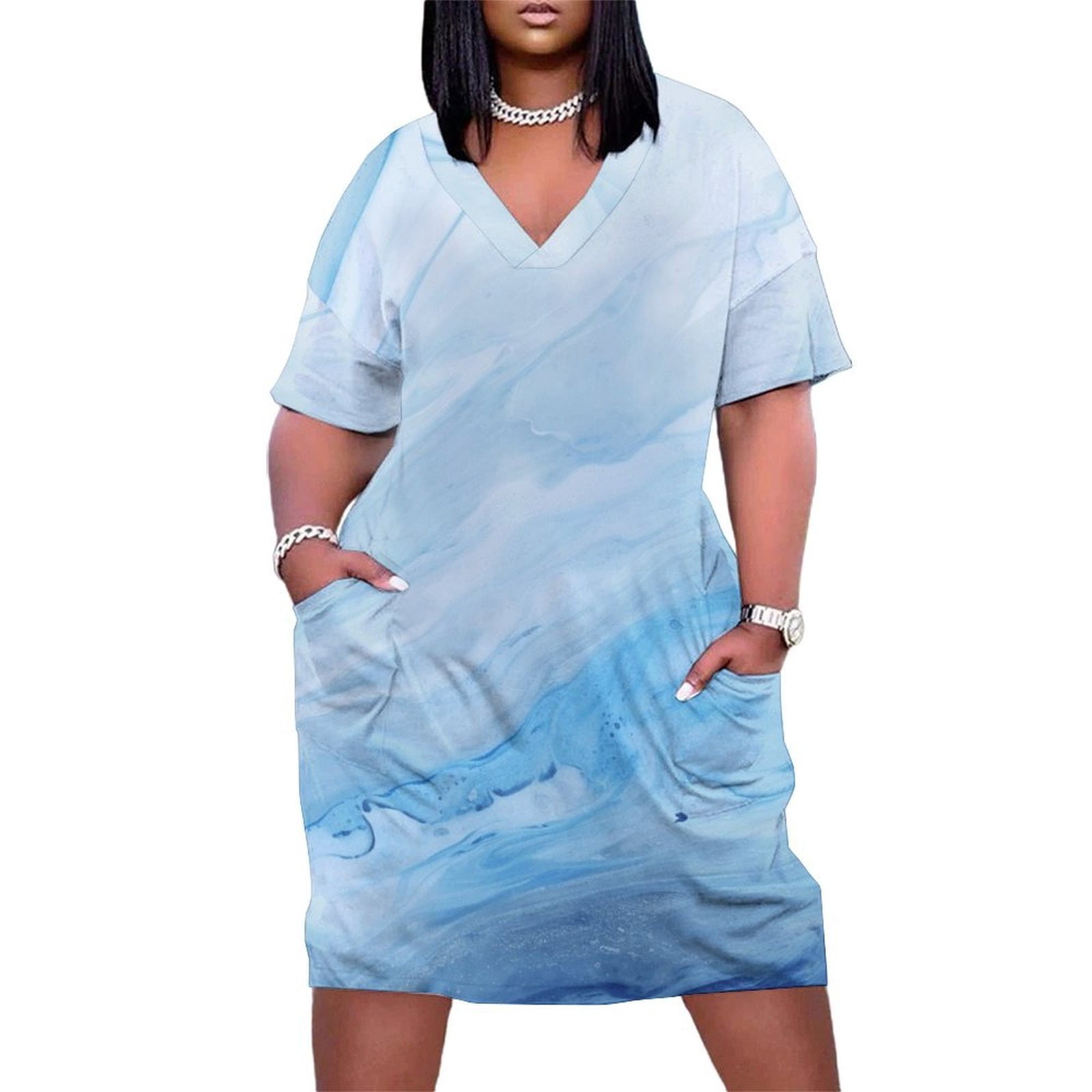 Blue Marble Summer Sundress for Curve Women Casual Pattern Plus Size V ...