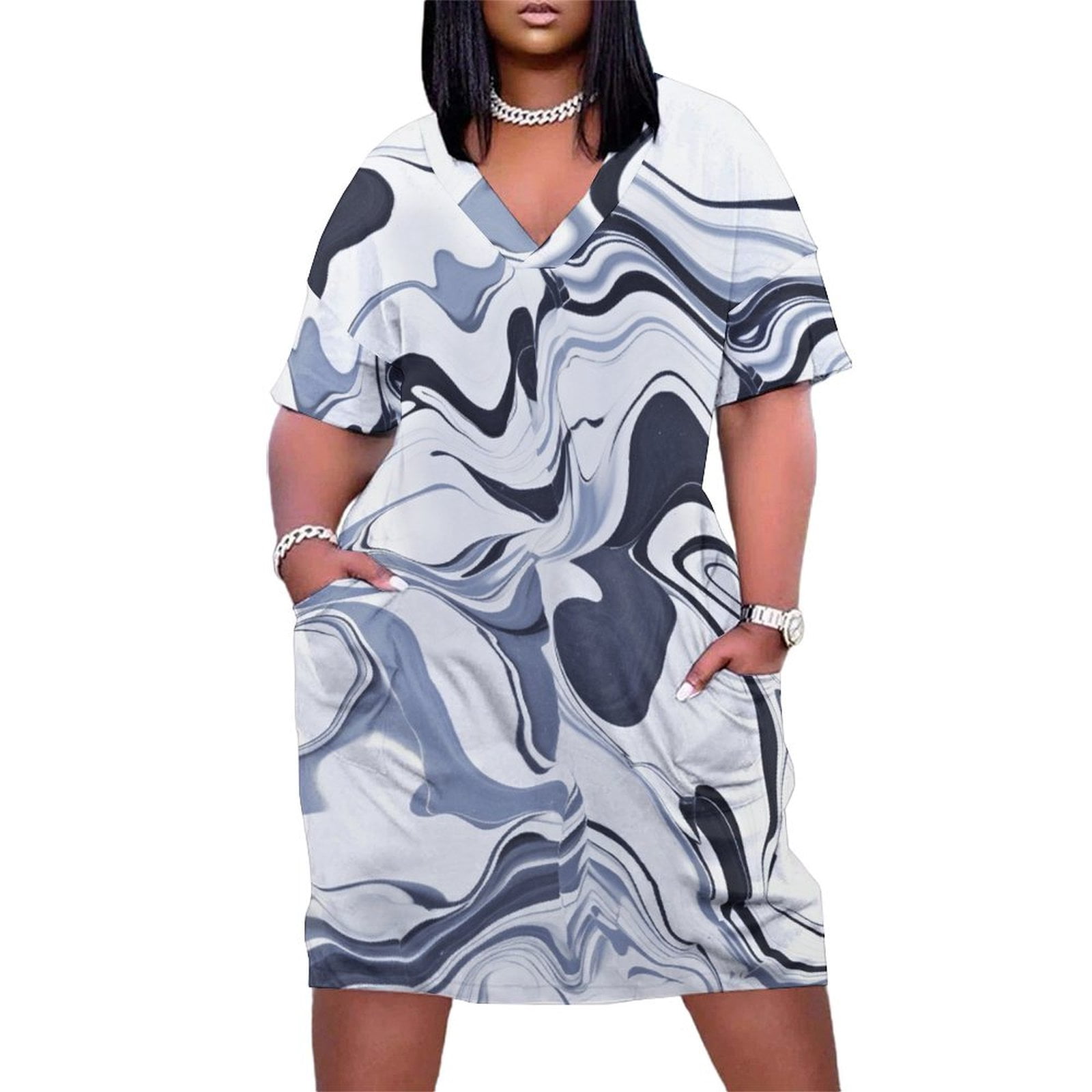 Blue Marble Summer Sundress for Curve Women Casual Pattern Plus Size V ...