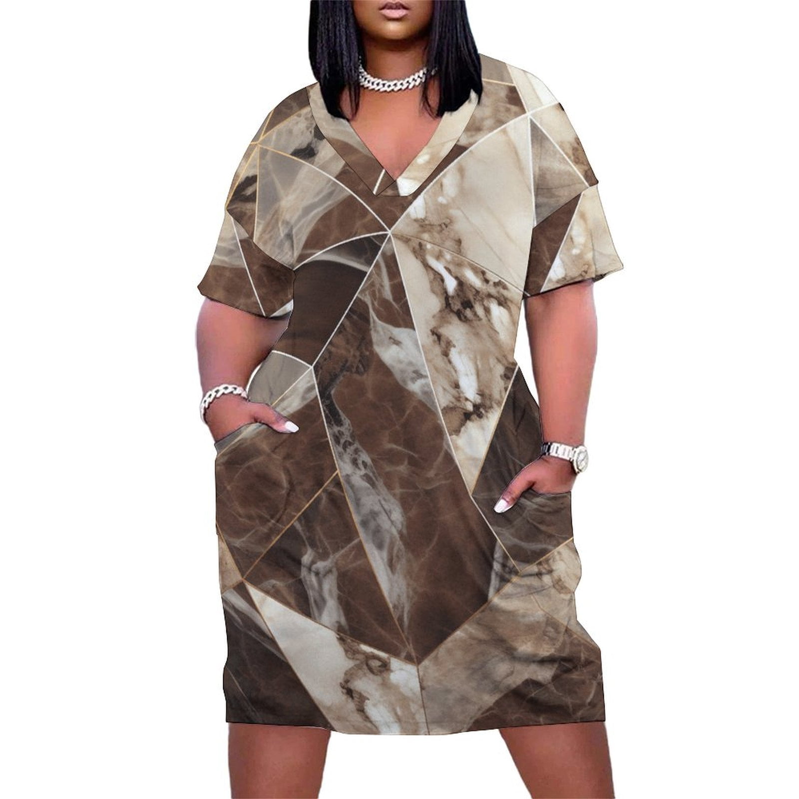 Blue Marble Summer Sundress for Curve Women Casual Pattern Plus Size V ...