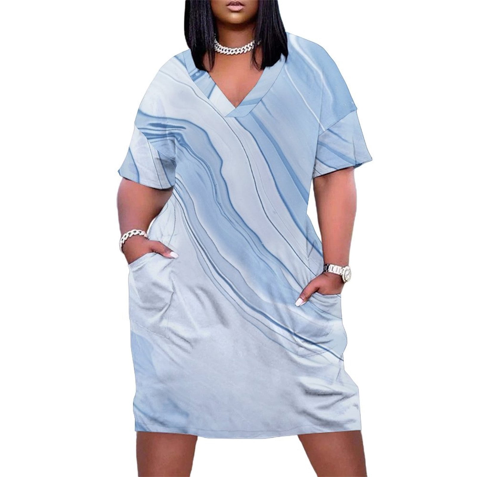 Blue Marble Summer Sundress for Curve Women Casual Pattern Plus Size V ...
