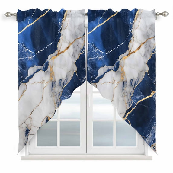 Blue Marble Swag Curtain Valance for Window 2 Panels Gold Line Modern ...