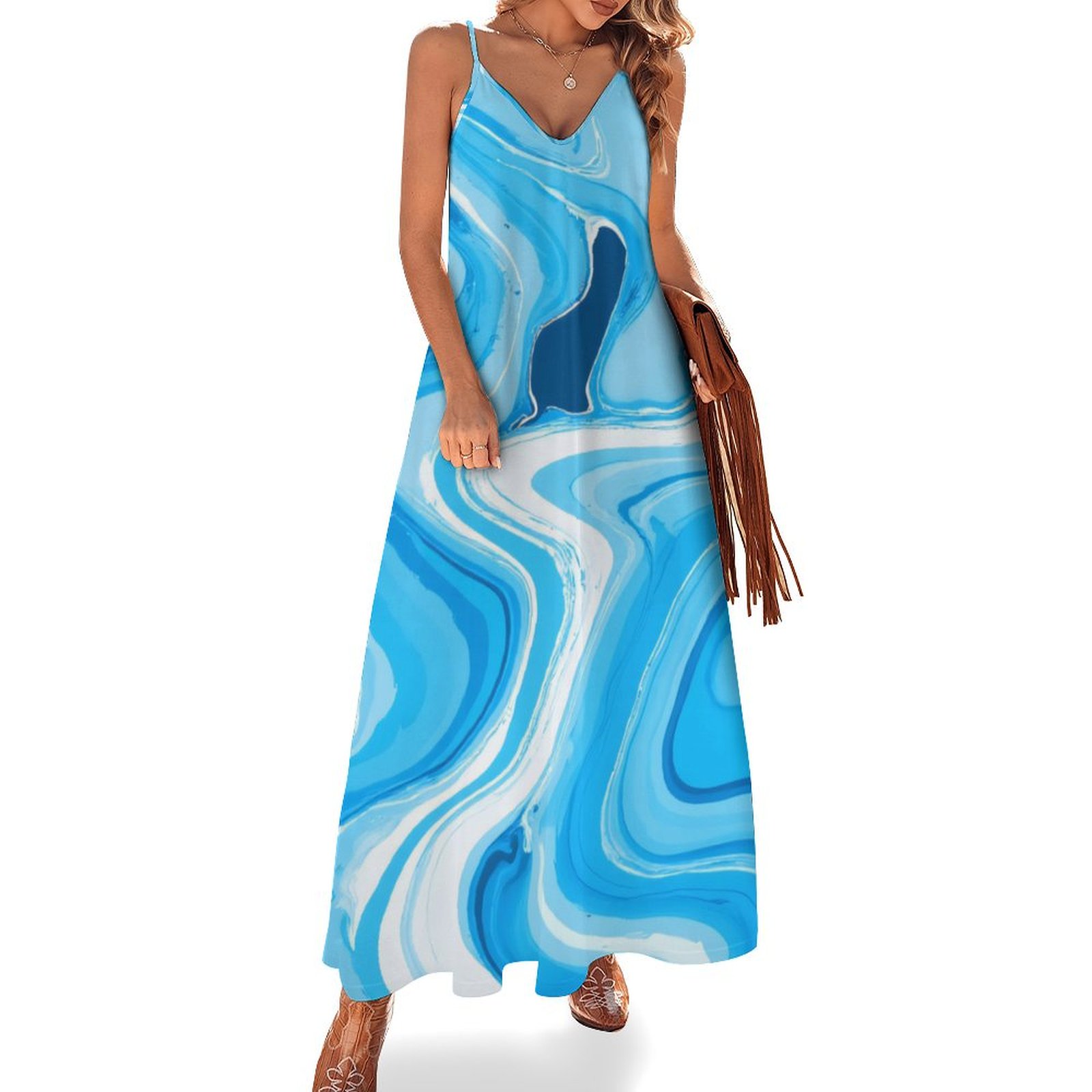 Blue Marble Swirl Pattern Design Sleeveless Dress Woman Fashion Long ...