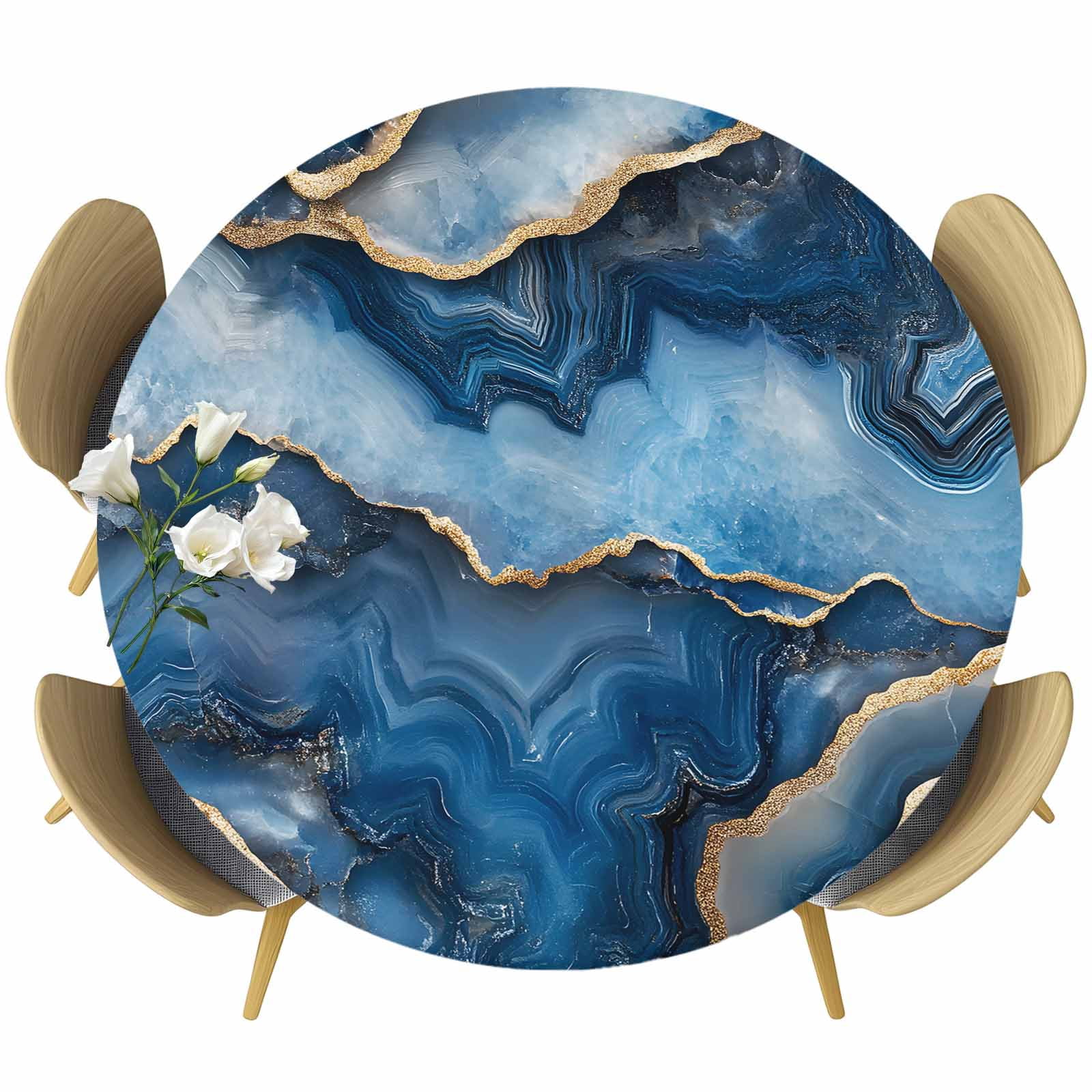 Blue Marble Table Cloth, Round Fitted Tablecloths with Elastic Edge ...