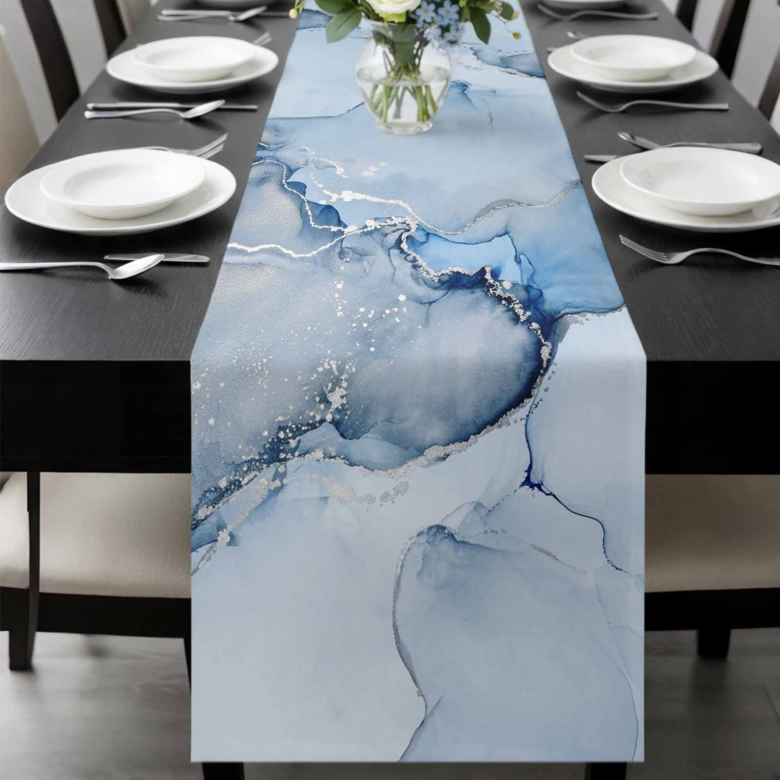 Blue Marble Table Runner 108 Inches Long, Modern Ombre Abstract Fluid ...