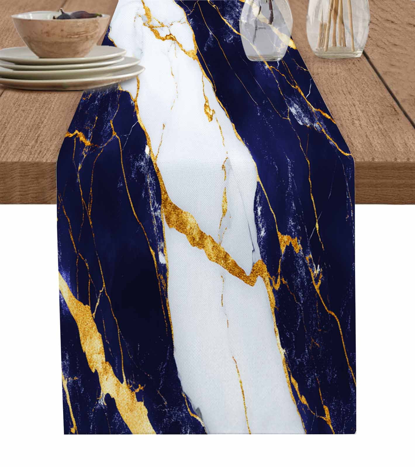 Blue Marble Table Runner 36 Inches, Luxury Gold White Abstract Cracks ...