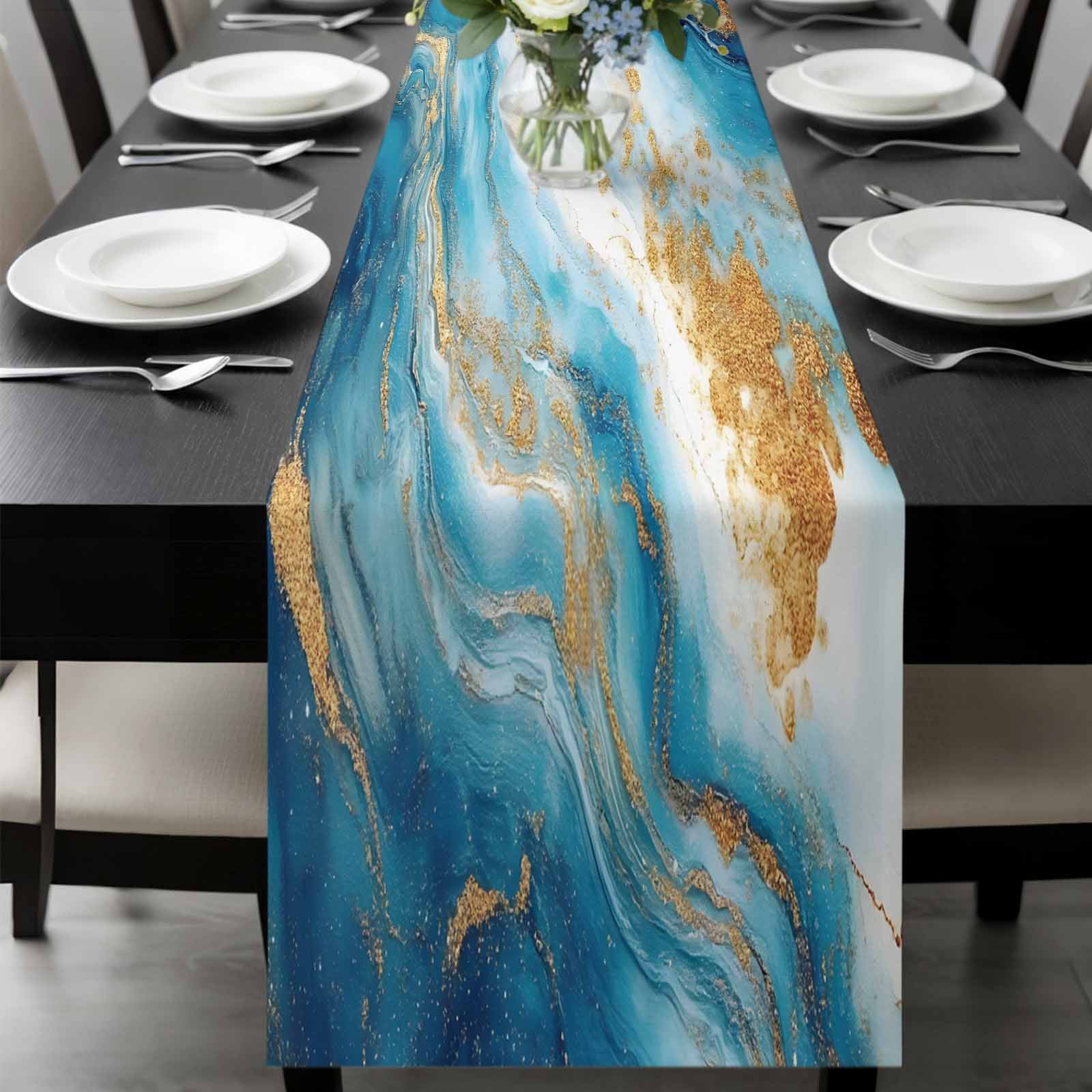 Blue Marble Table Runner 48 Inches Long, Luxury Yellow Modern Ink ...