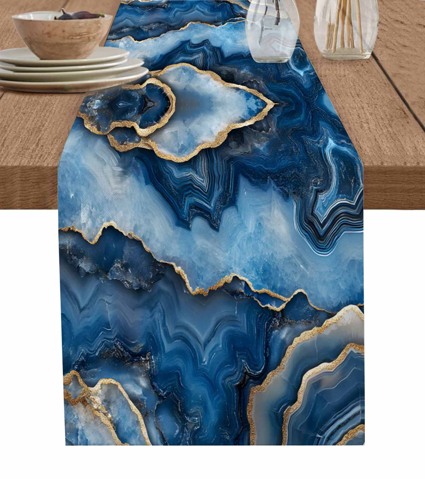 Blue Marble Table Runner 60 Inches, Contemporary Abstract Golden Foil ...
