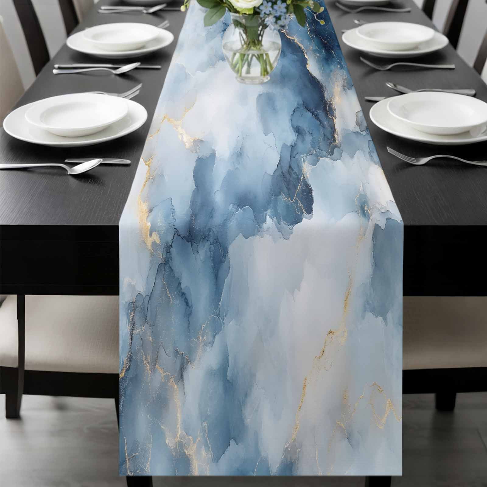 Blue Marble Table Runner 70 Inches Long, Modern Abstract Art Ink ...