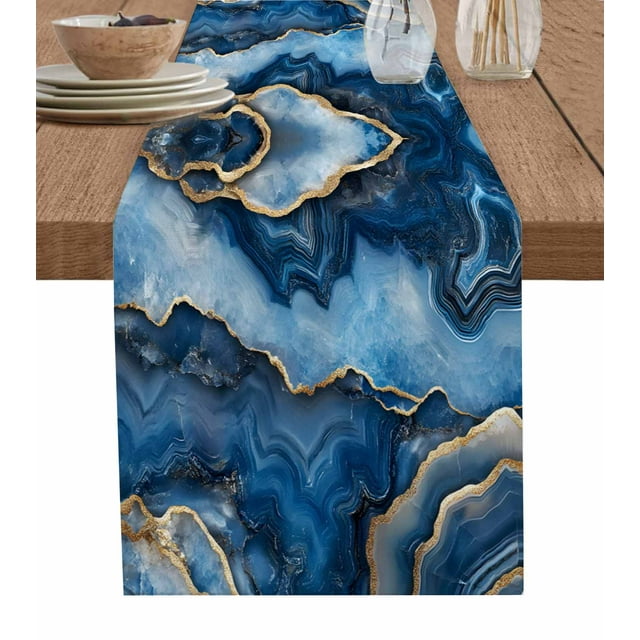 Blue Marble Table Runner 72 Inch Long Dresser Scarves Cotton Linen ...