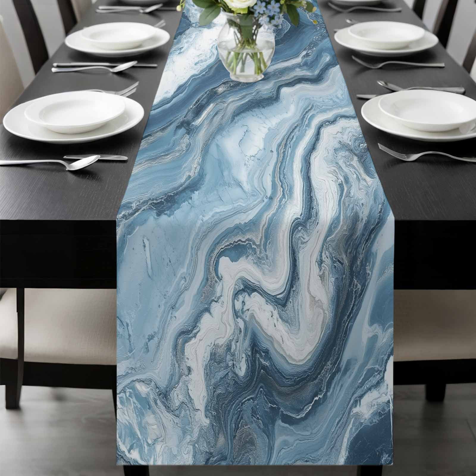 Blue Marble Table Runner 72 Inches Long, Abstract Ink Painting Art ...