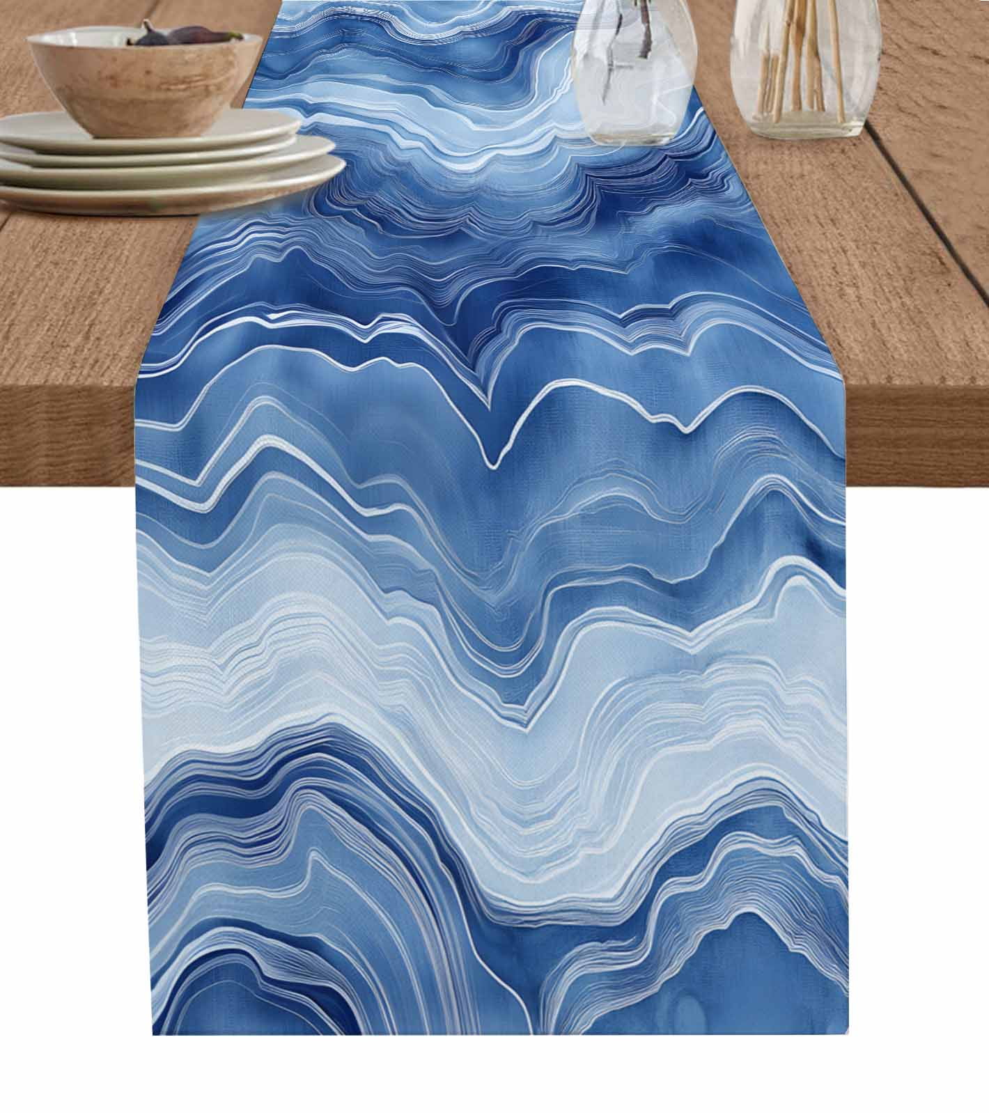 Blue Marble Table Runner 72 Inches, Modern Farmhouse Ombre Abstract Pattern Bed Runner Dresser ...