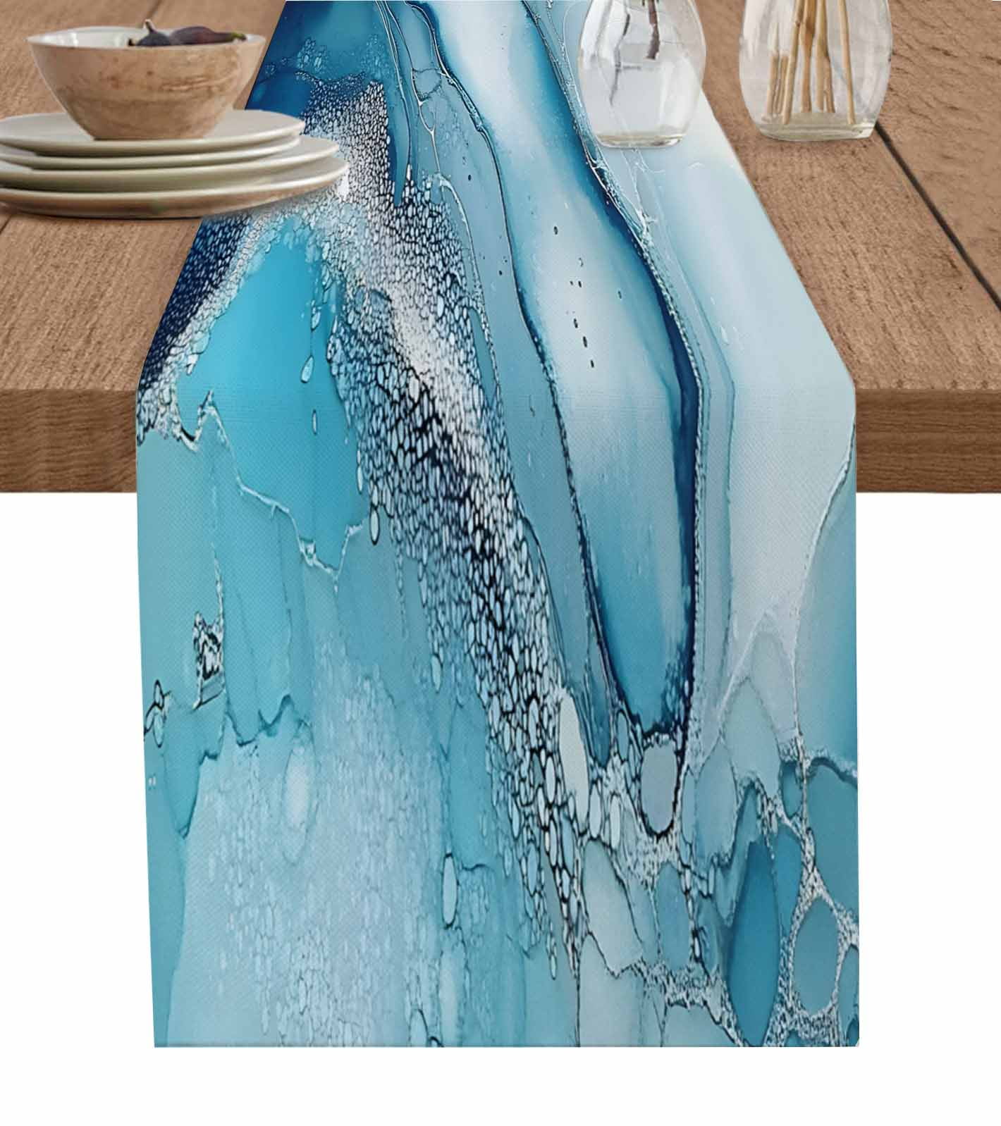 Blue Marble Table Runner 72 Inches, Modern Impressionist Art Abstract ...