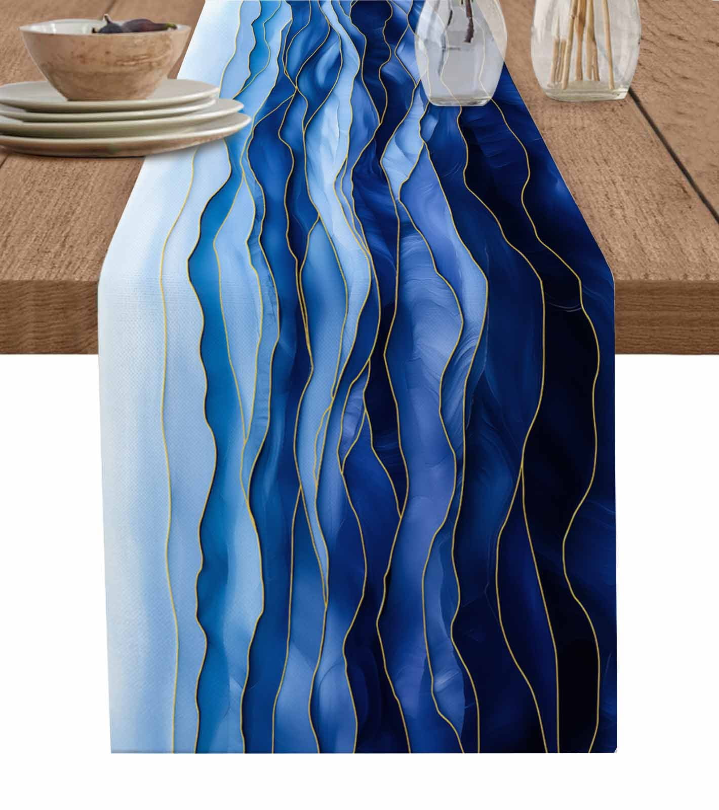 Blue Marble Table Runner Abstract Wave Lines Crack Gradient ...