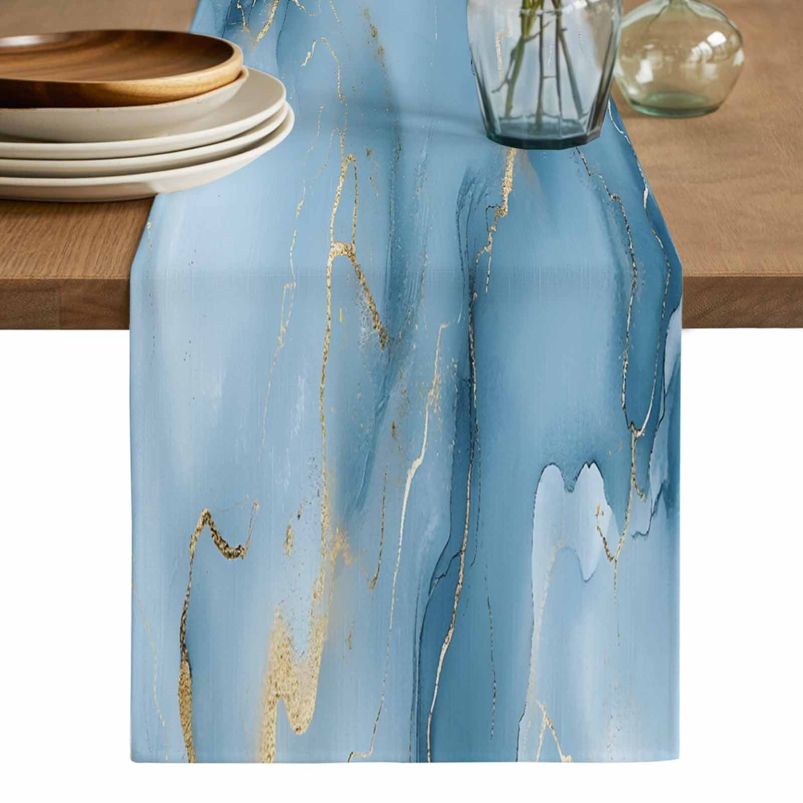 Blue Marble Table Runner, Ink Painting Art Yellow Modern Washable ...