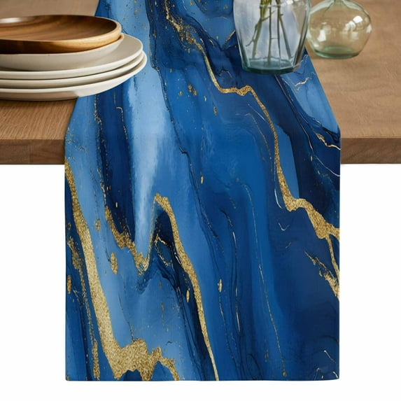 Blue Marble Table Runner, Ink Painting Modern Ombre Abstract Washable ...