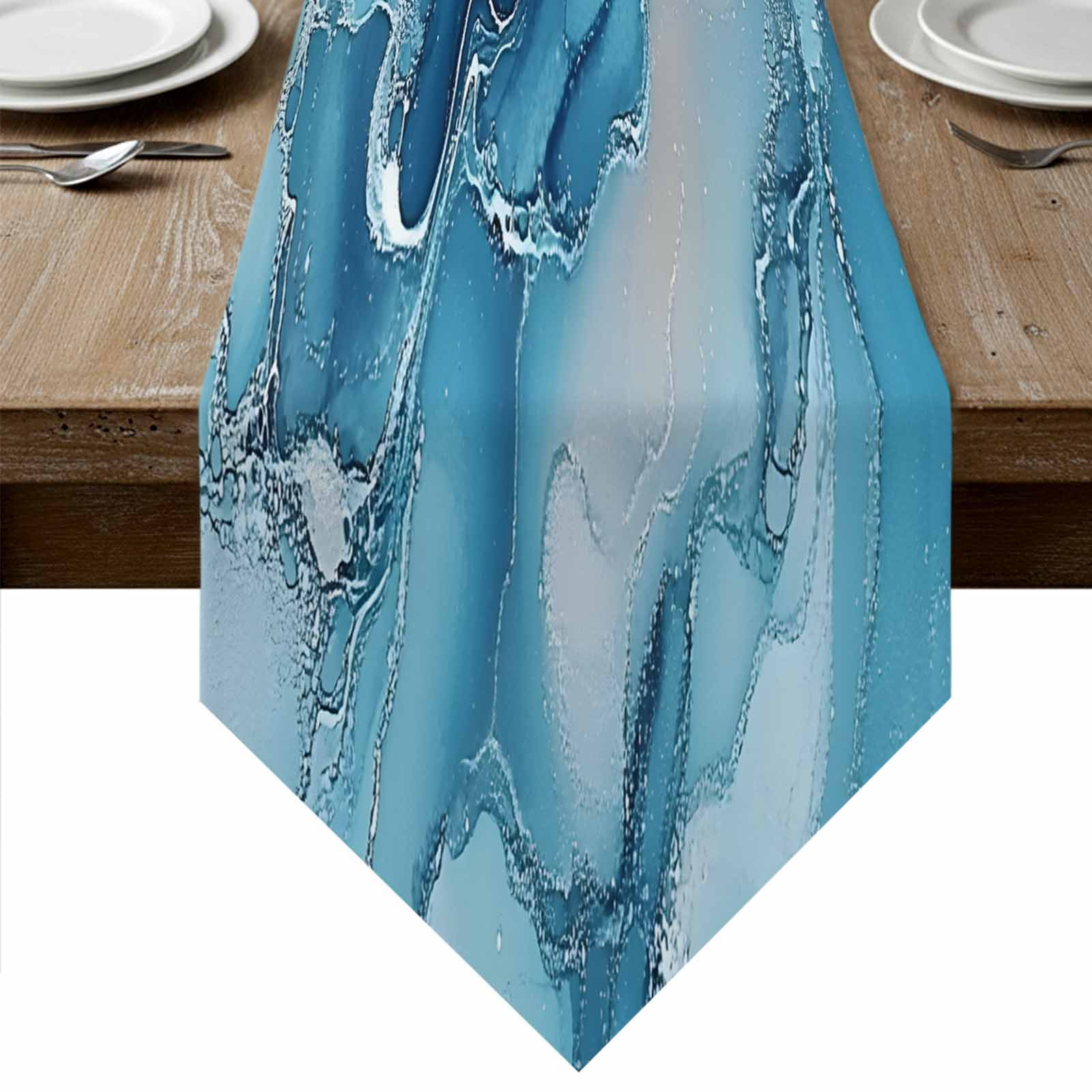 Blue Marble Table Runner Linen Burlap Table Runner 108 Inches Long ...