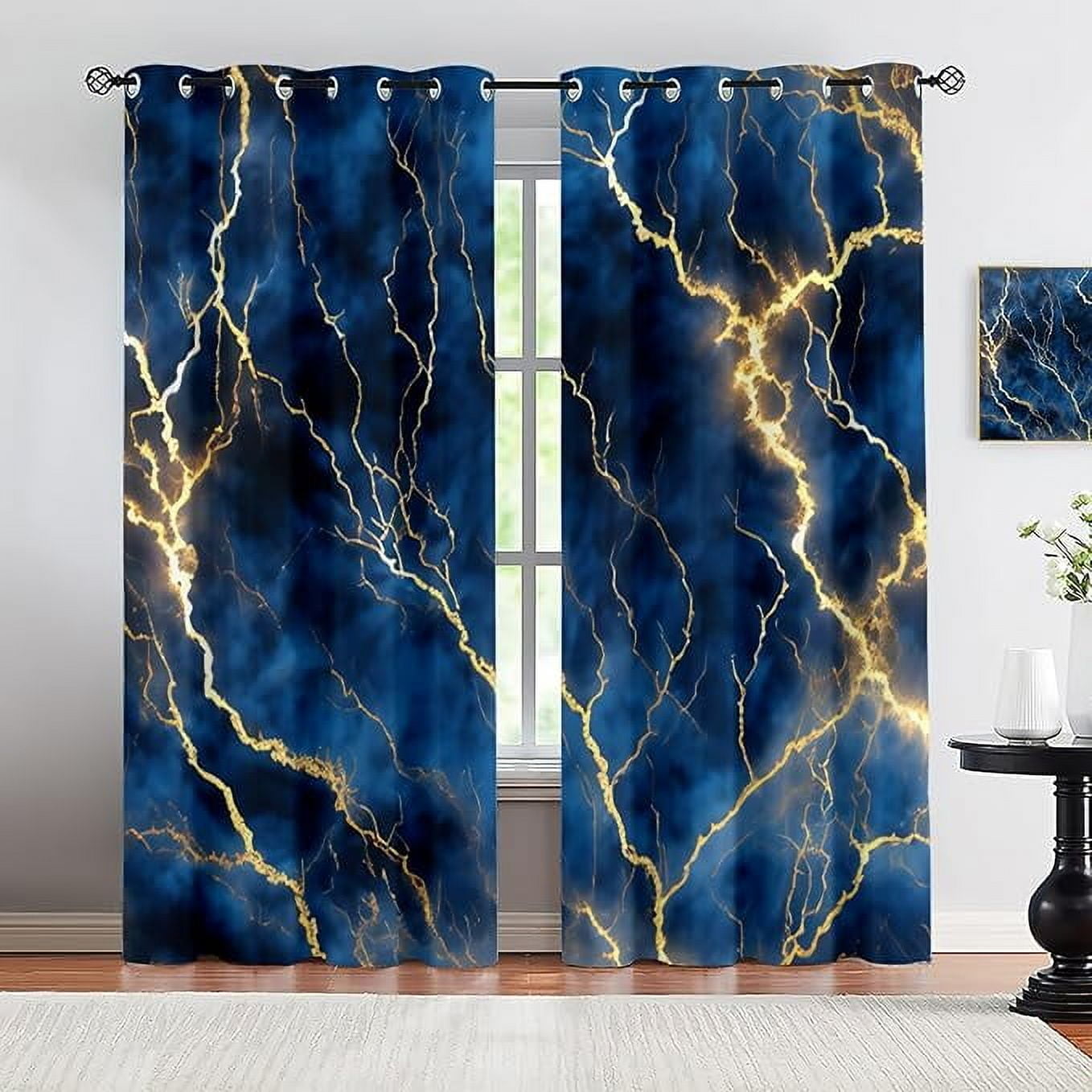 Blue Marble Texture 3D Print Window Curtain Panel, Abstract Golden ...