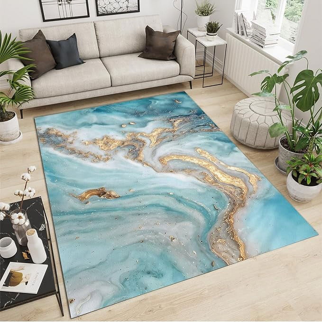 Blue Marble Texture Area Rug, Luxury Blue And Gold Fluid Swirl Large ...