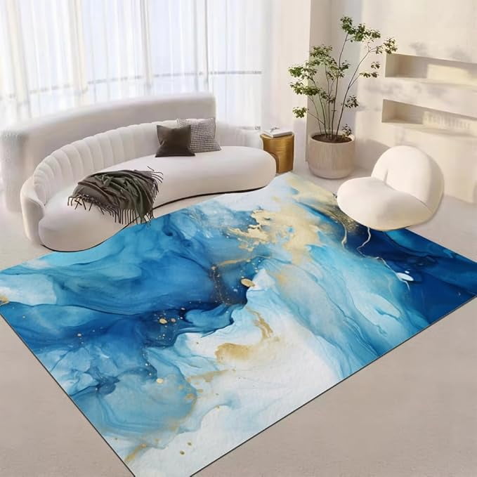 Blue Marble Texture Area Rug, Modern Abstract Art Living Room Rug ...