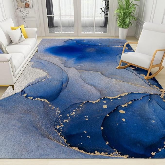 Blue Marble Texture Area Rug, Ombre Art Design Rug, Machine Washable ...