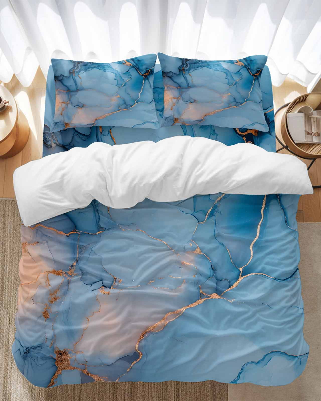 Blue Marble Texture Bedding Duvet Cover Set Full Size 4 Pieces Abstract ...