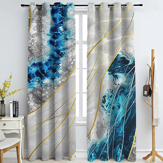 Blue Marble Texture Blackout Curtains, Modern Geometric Gold Stripes ...