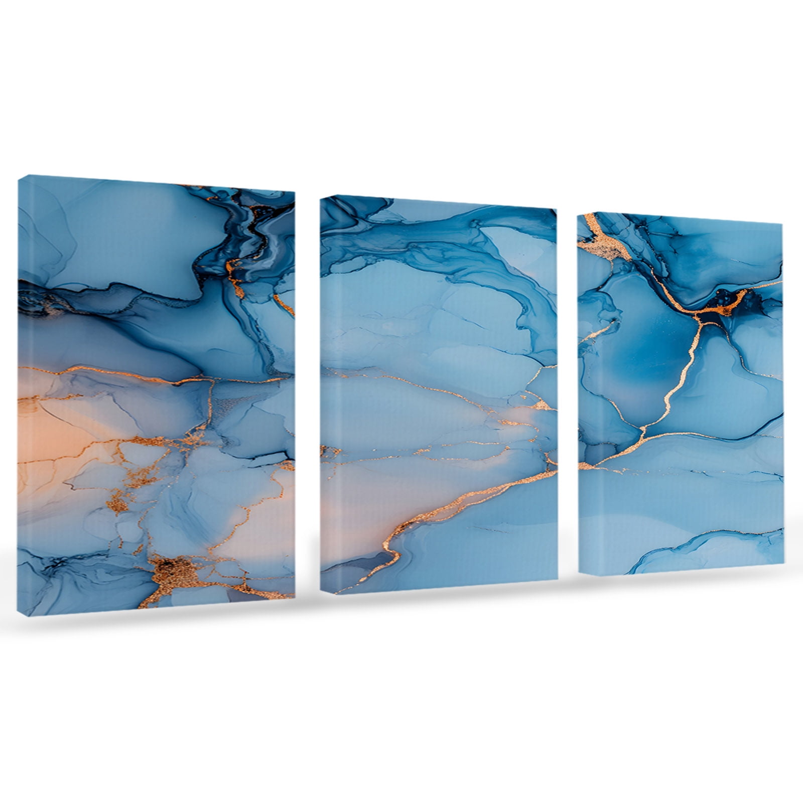 Blue Marble Texture Canvas Wall Art 3 Panels, Abstract Gradient Water ...