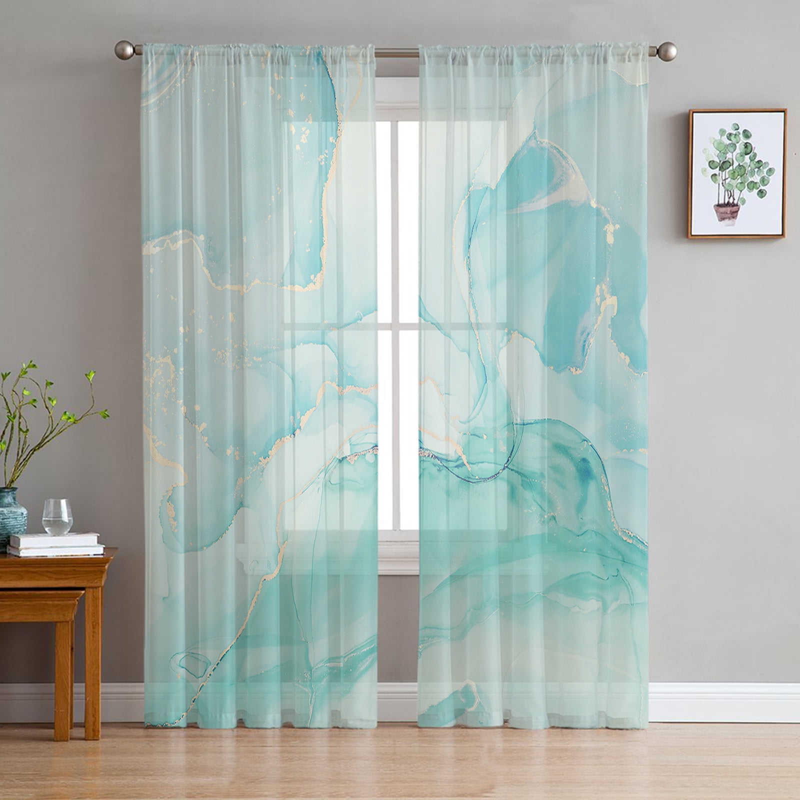 Blue Marble Texture Tulle Curtains for Living Room Kitchen Sheer Voile ...