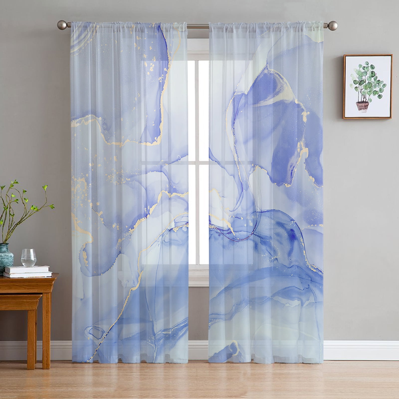 Blue Marble Texture Tulle Curtains for Living Room Kitchen Sheer Voile ...