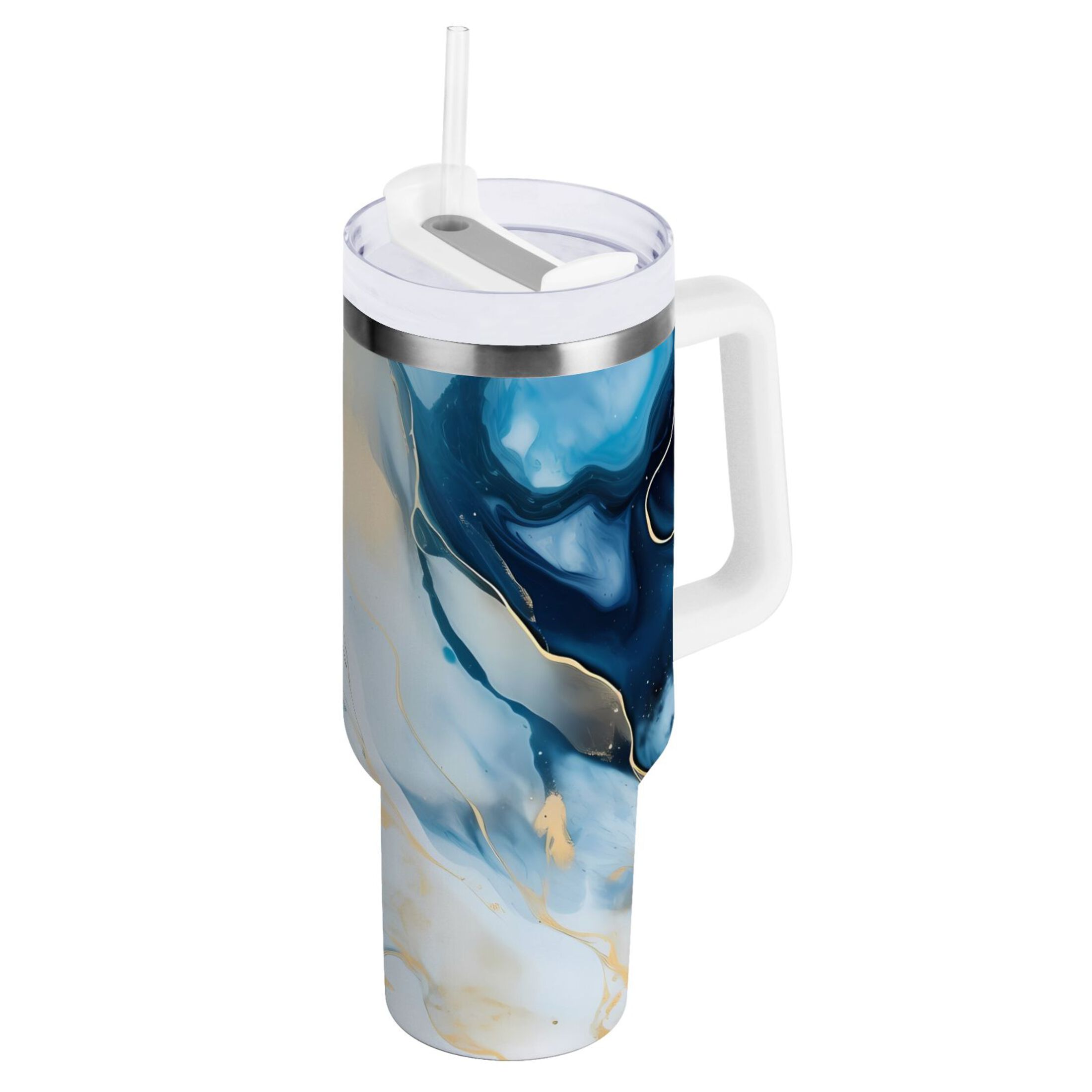 Blue Marble Tumbler with Handle and Straw Insulated Travel Mug Reusable ...