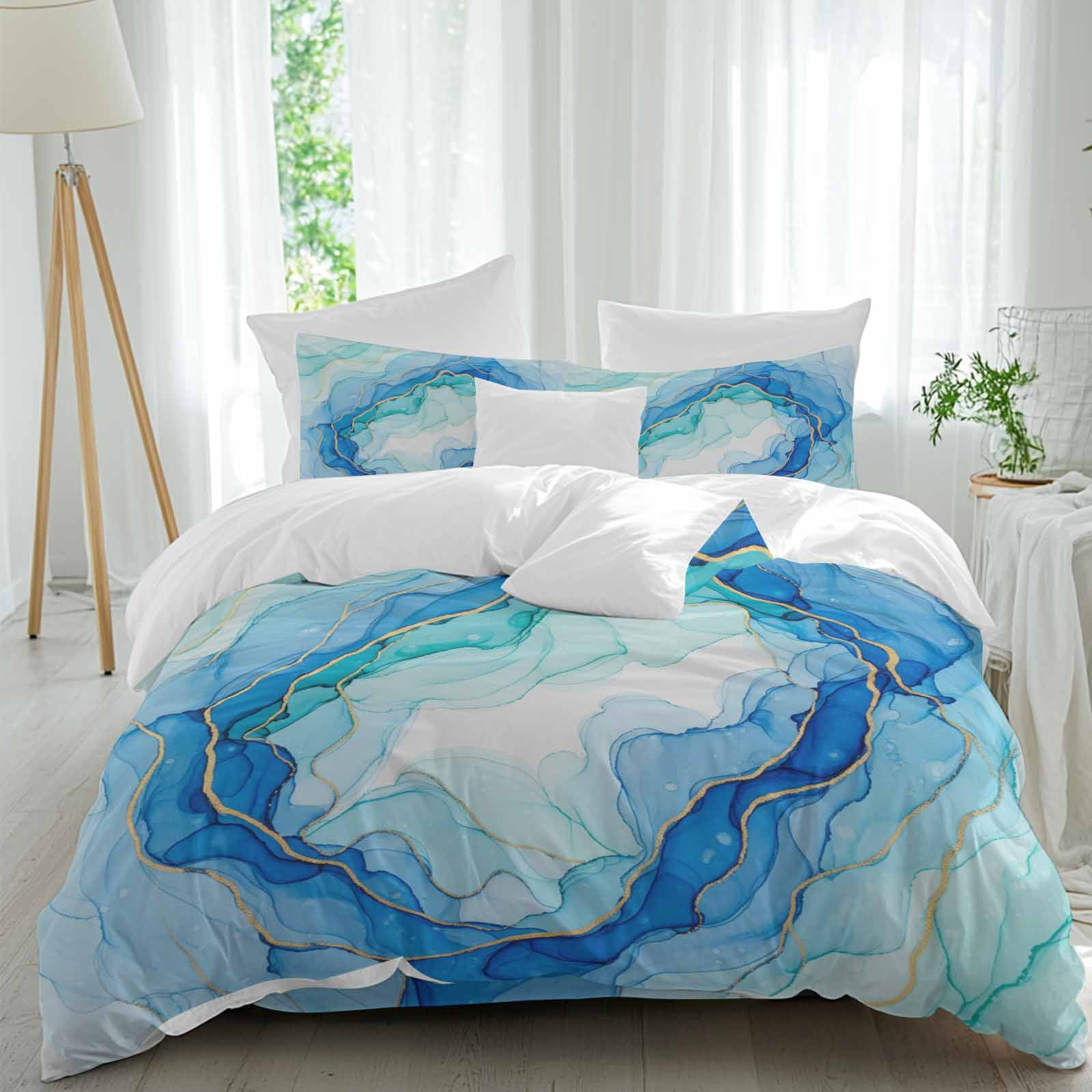 Blue Marble Twin Duvet Cover Set, Modern Abstract Art Watercolor Blue ...